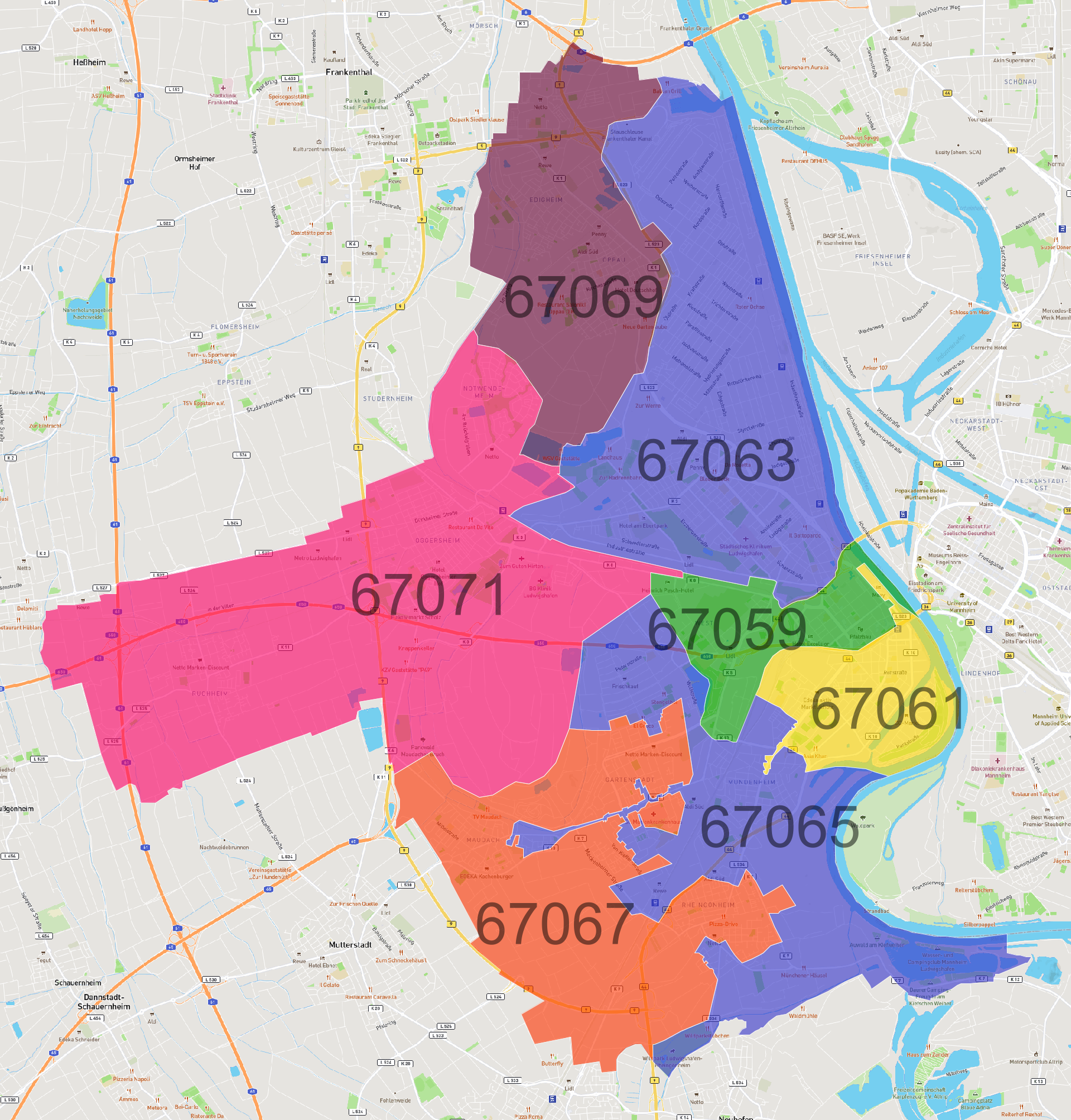 Ludwigshafen am Rhein Postleitzahlen Karte - AtlasBig.com